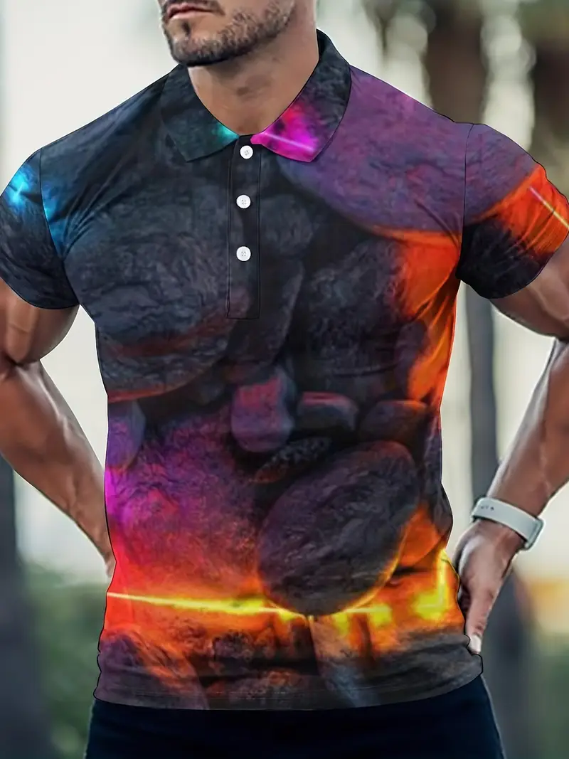 Rock Pattern Casual Slightly Stretch Button Up Short Sleeve Temu