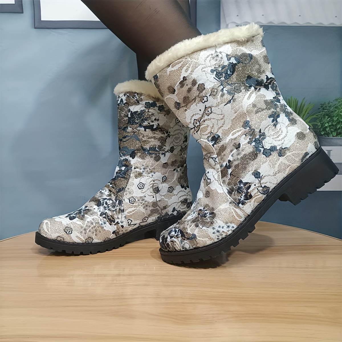 Floral Print Lined Boots Women s Slip Platform Velvet Warm - Temu Australia