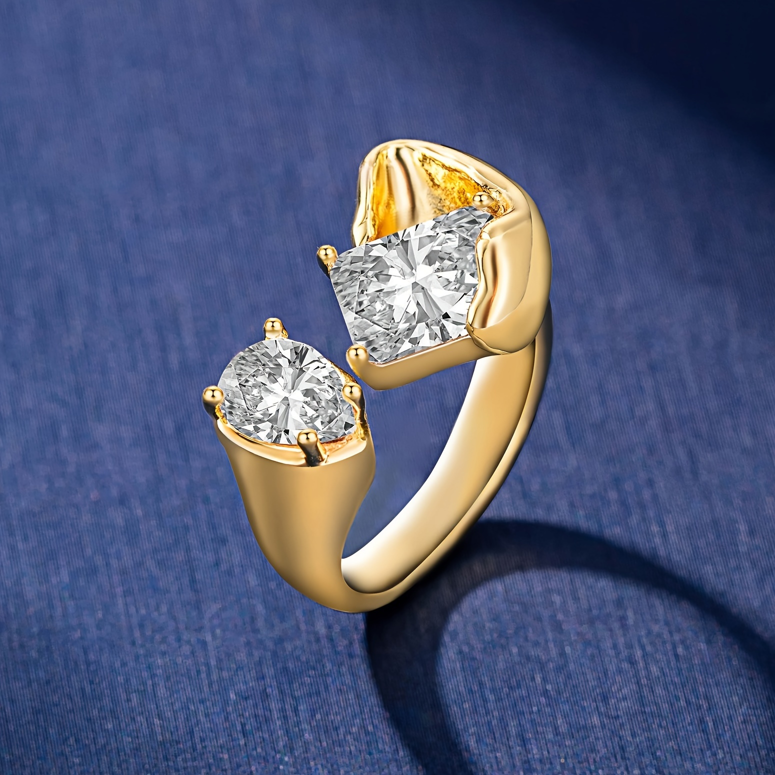 Trendy Golden Shiny Cubic Zirconia Copper Elegant Open Ring, Adjustable ...