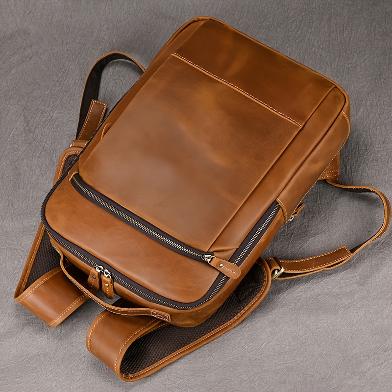Men Crazy Horse Leather Backpack Genuine Leather Laptop Bag - Temu