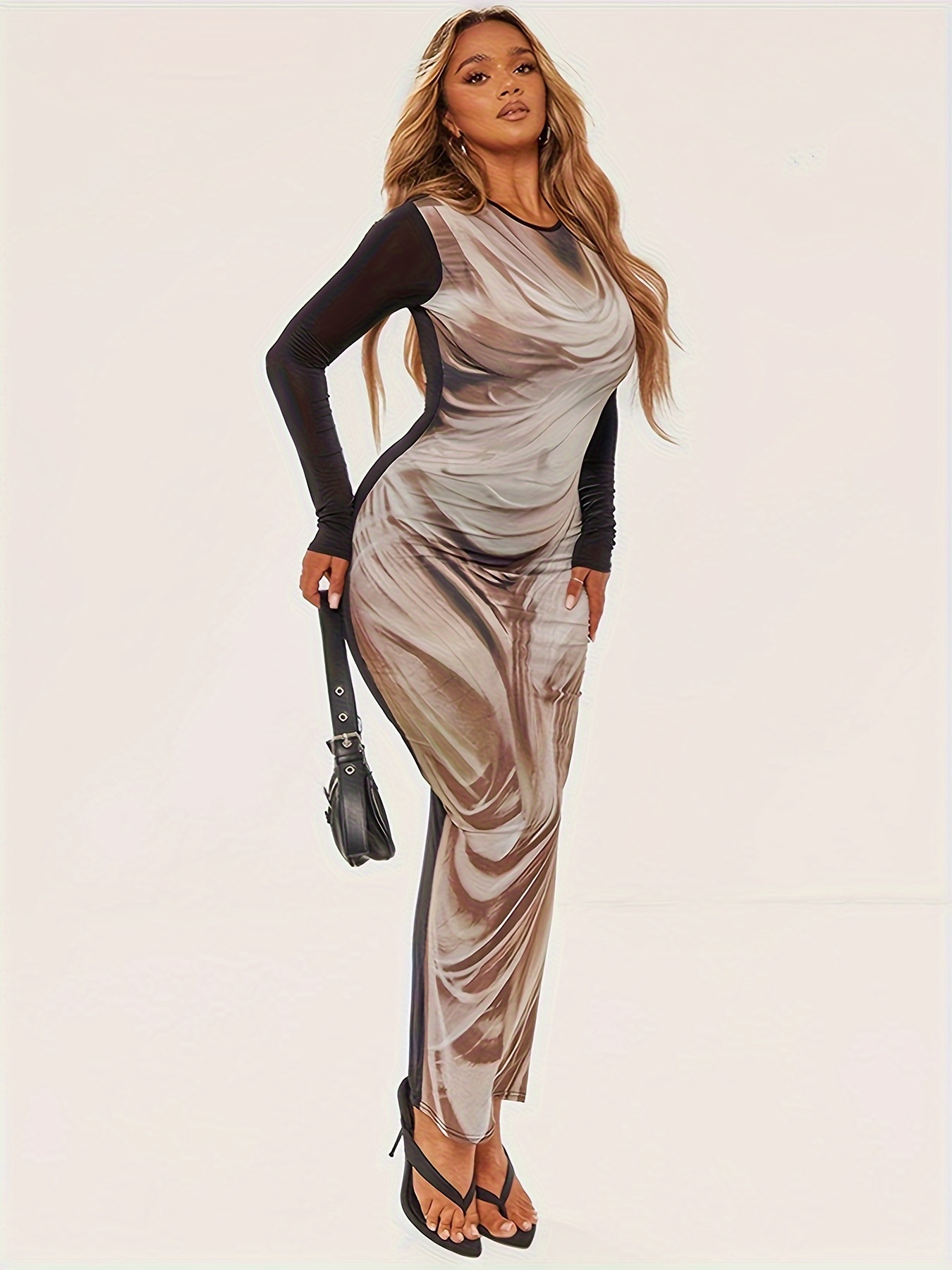 Tie Dye Crew Neck Dress Elegant Long Sleeve Bodycon Dress Temu Canada