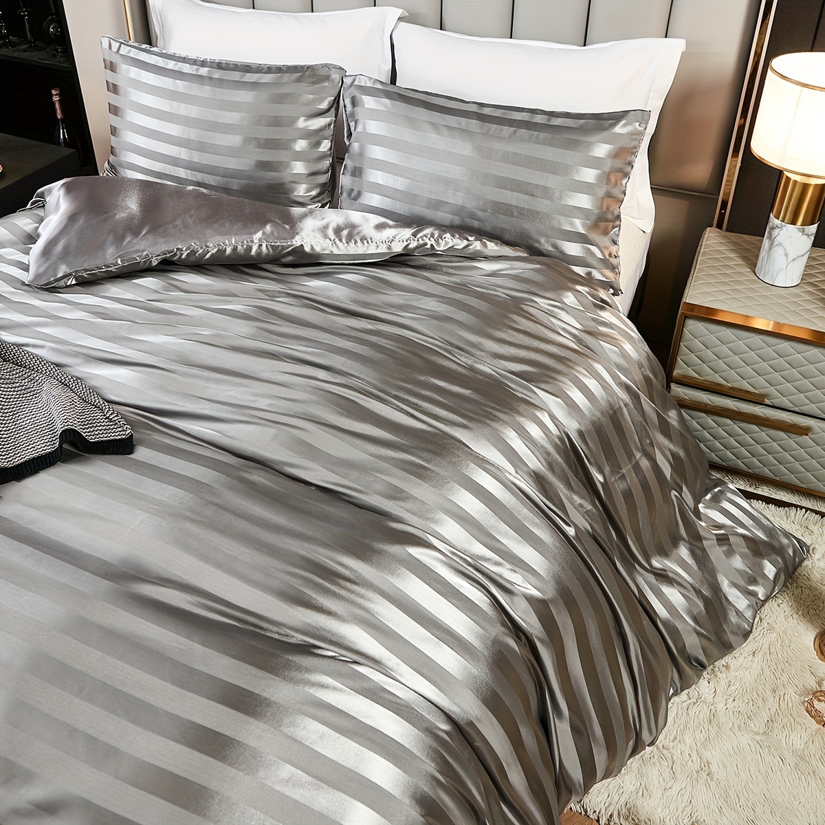 Satin Duvet Cover Set Cover + Without Core) Striped Print - Temu Canada