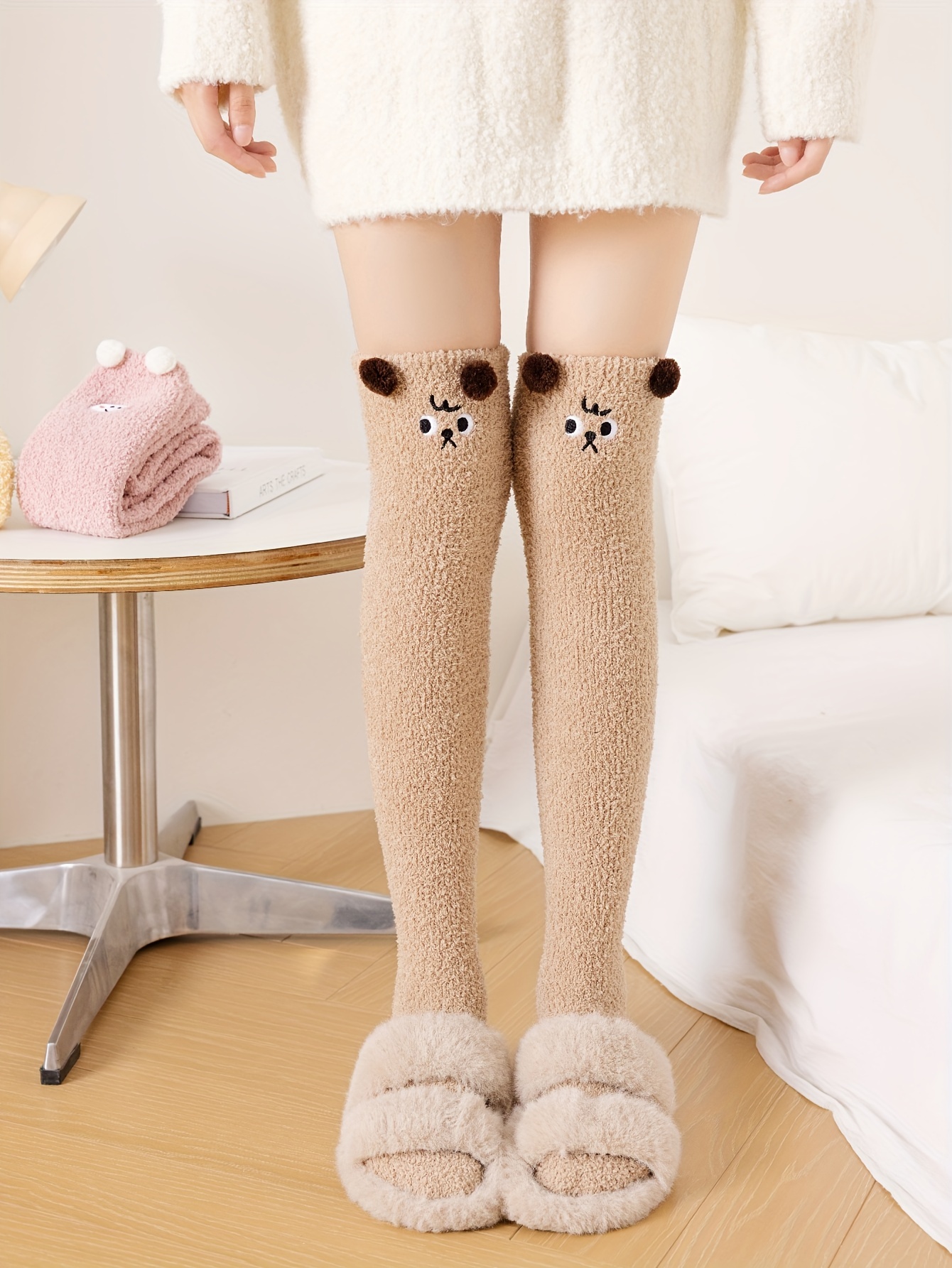 Cartoon Fuzzy Thigh High Socks Cute Warm Knee Socks Women's - Temu