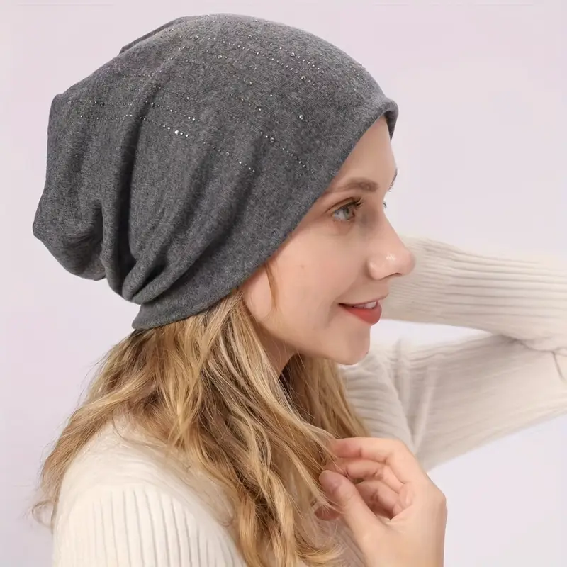 Striped Rhinestone Slouchy Beanie Solid Color Elastic Skull Temu New