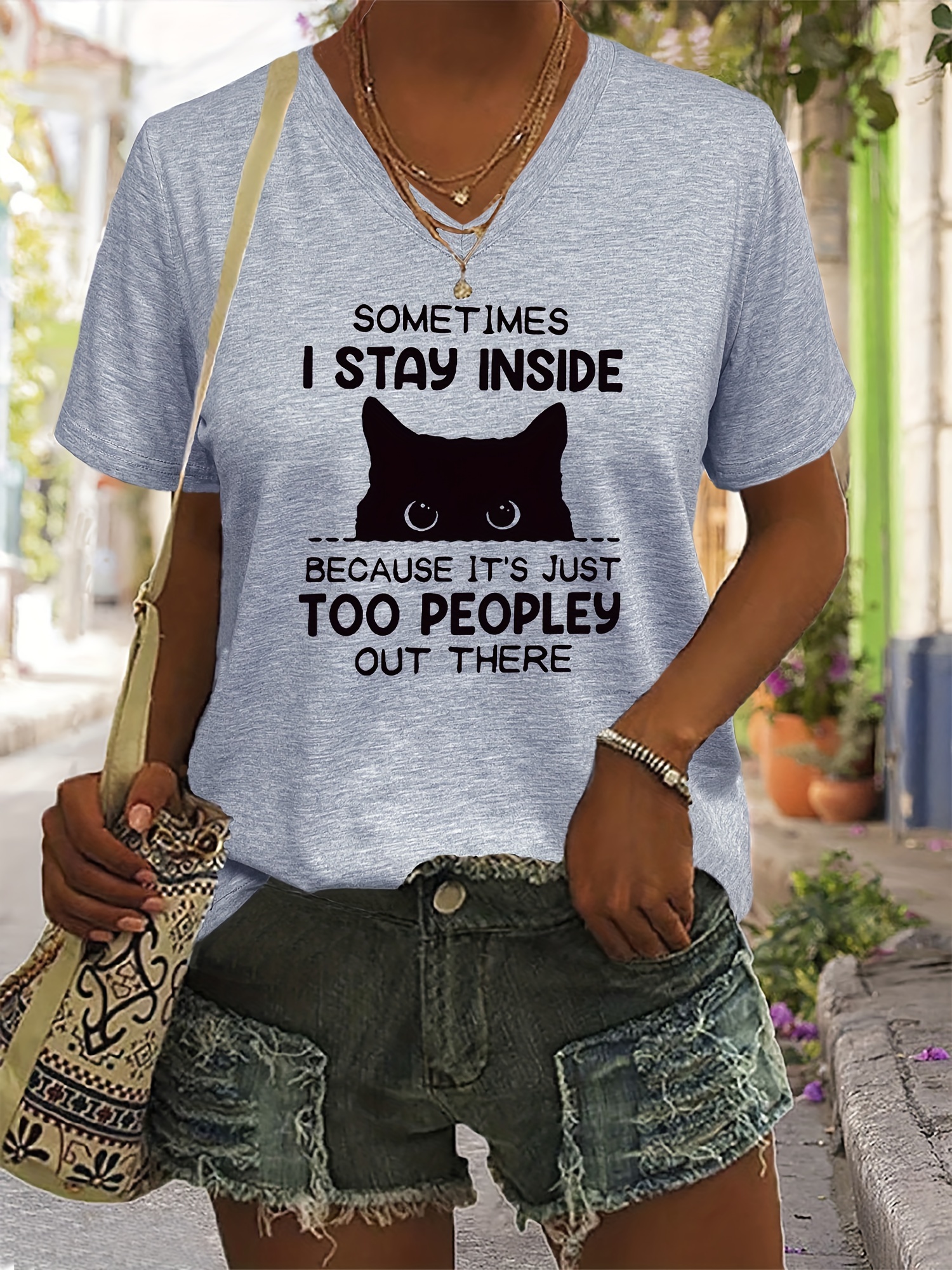 Cat Print T shirt Short Sleeve V Neck Casual - Temu