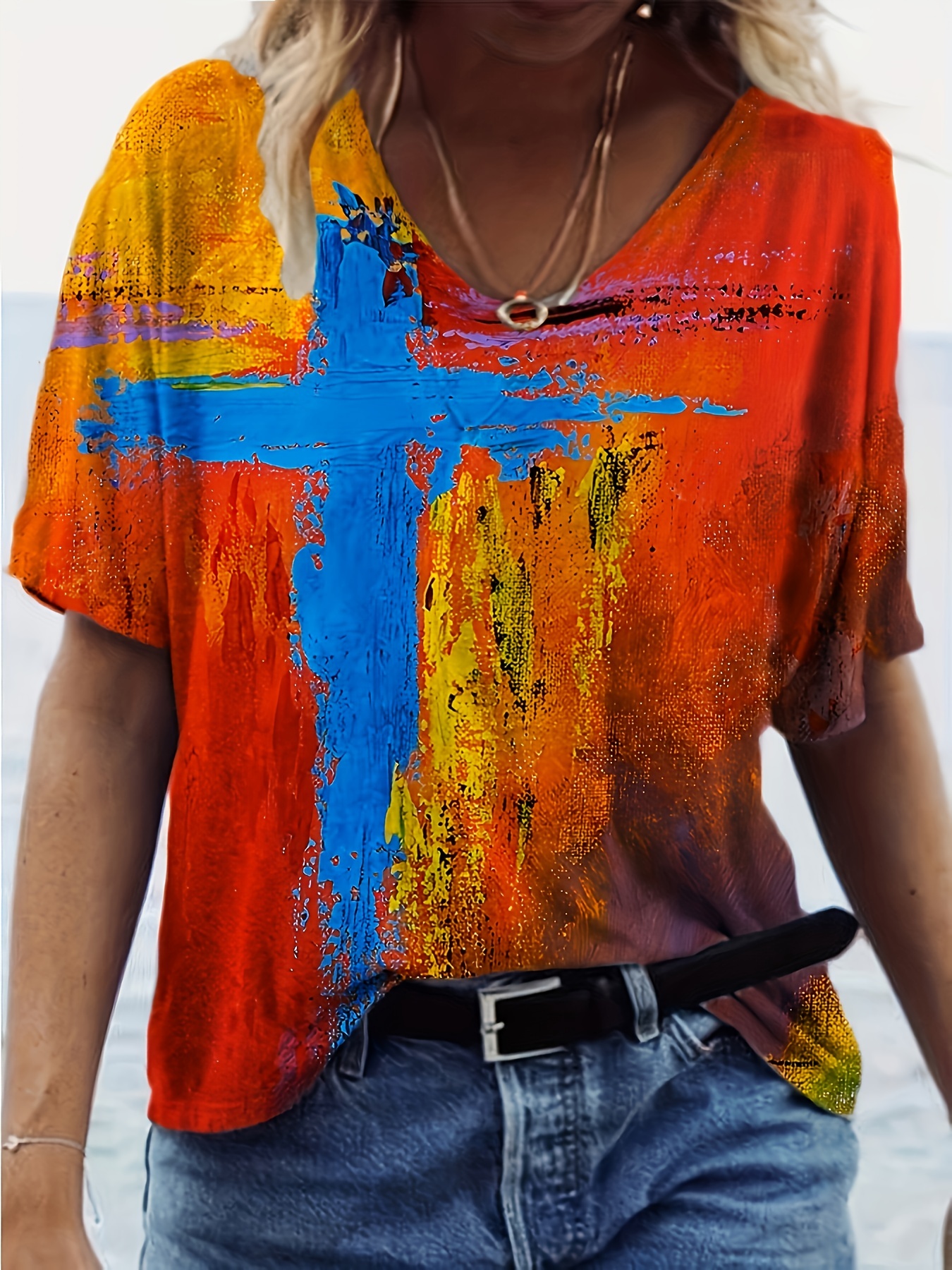 Cross Print Colorful V Neck T shirt Casual Short Sleeve Top - Temu New ...