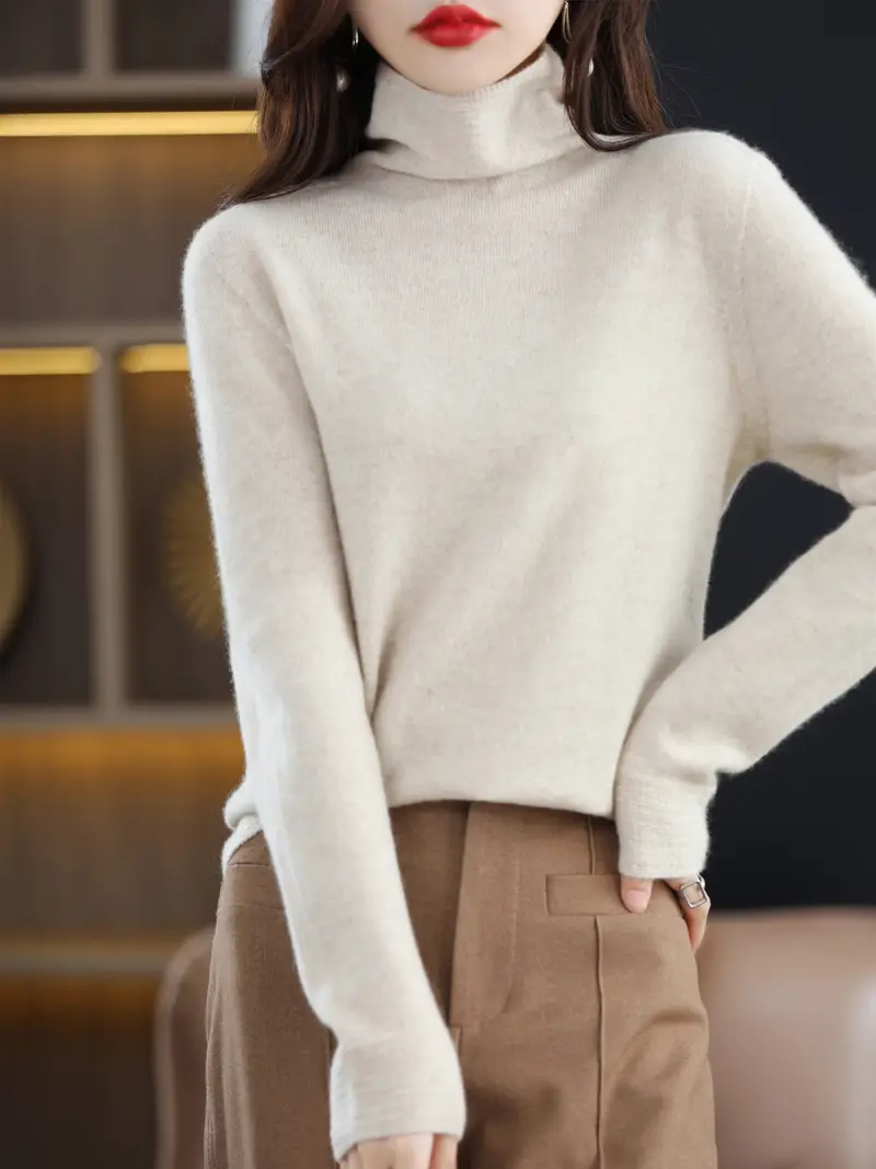 Solid Turtle Neck Wool Sweater Elegant Long Sleeve Versatile Temu