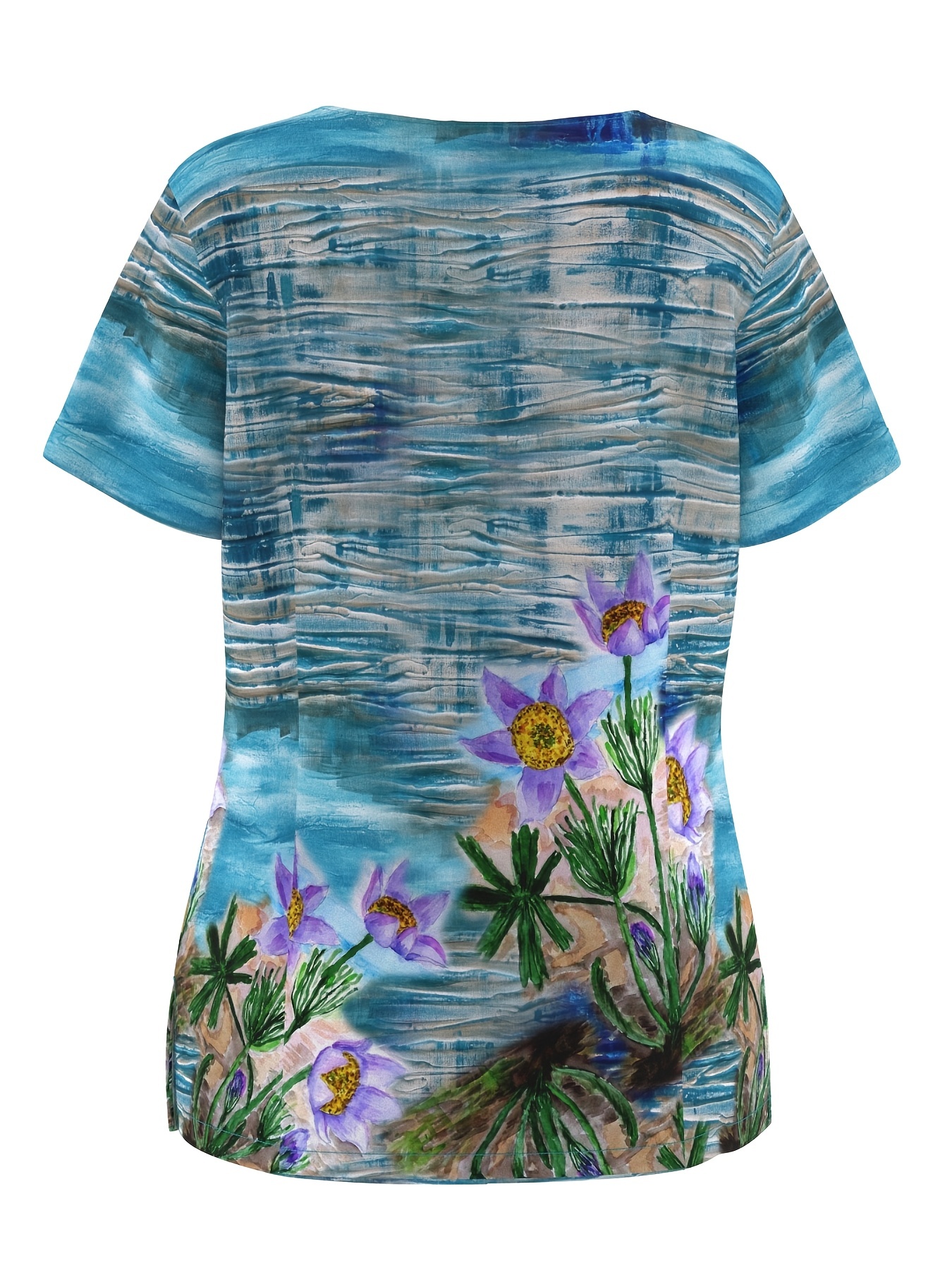 Floral Print Stretch Scrubs Tops Elegant Nurse Medical Uniform Short ...