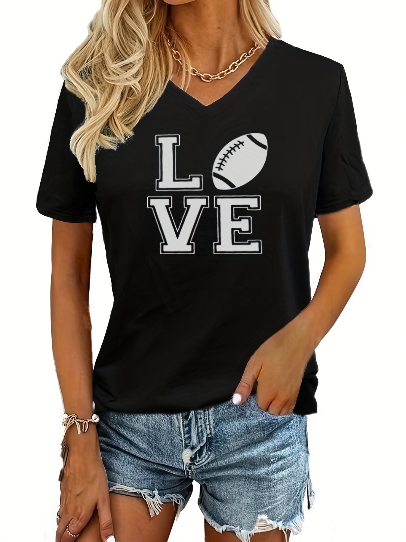 Love Football Print V Neck T Shirt Casual Short Sleeve - Temu Australia