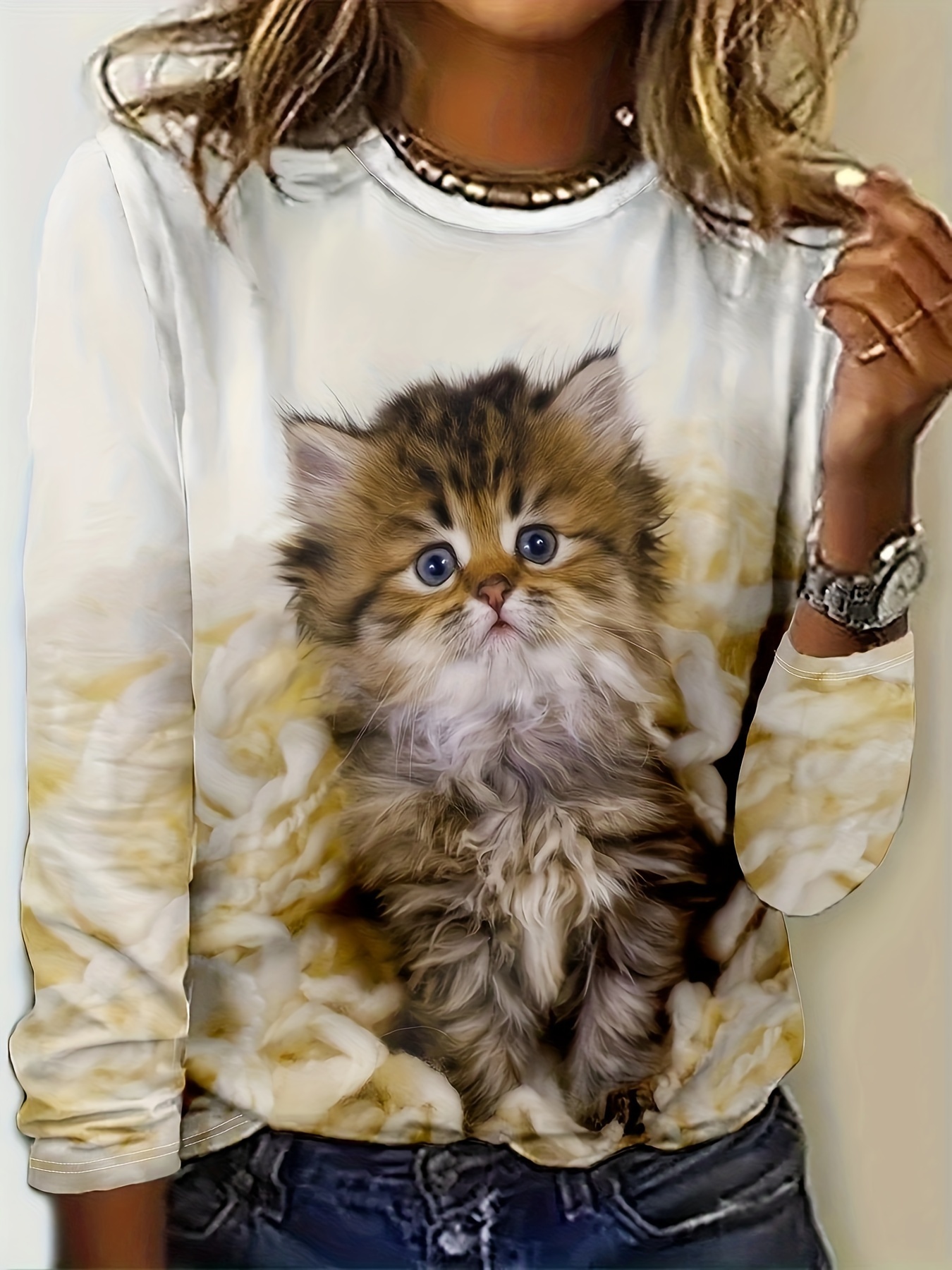 cute cat print daily t shirt casual crew neck long sleeve t - Temu Canada