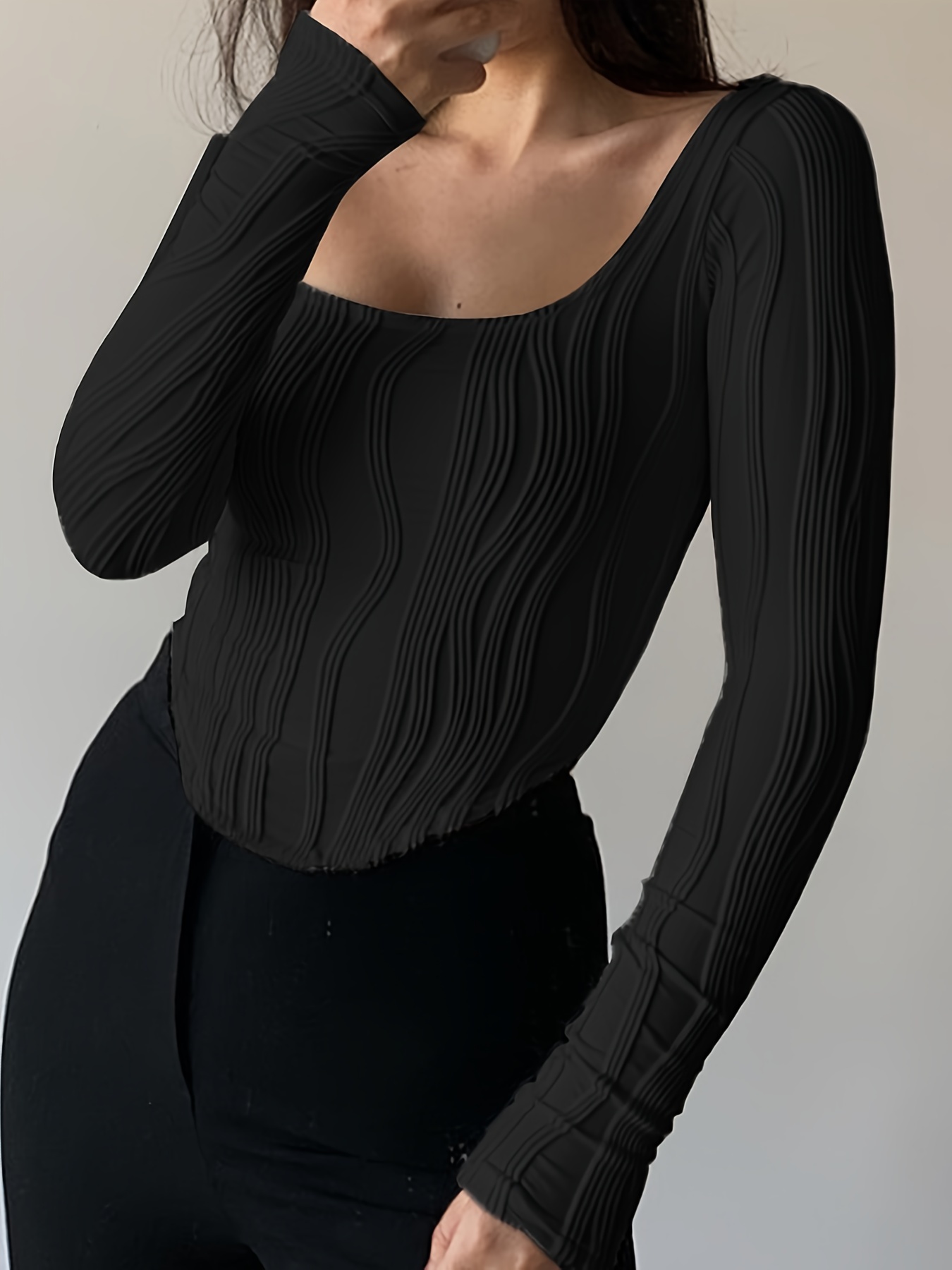 Solid Skinny Crop T shirt Asymmetrical Hem Long Sleeve - Temu New Zealand
