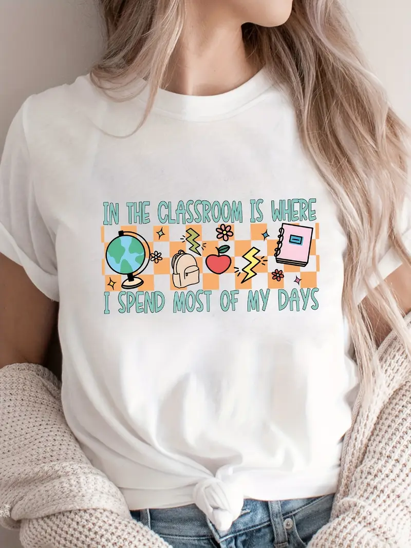 Cartoon Letter Print Crew Neck T Shirt Casual Short Sleeve T Temu Canada