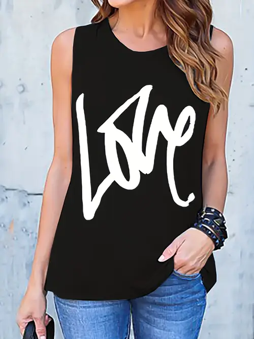Letter Print Crew Neck Tank Top Casual Sleeveless Tank Top For Summer