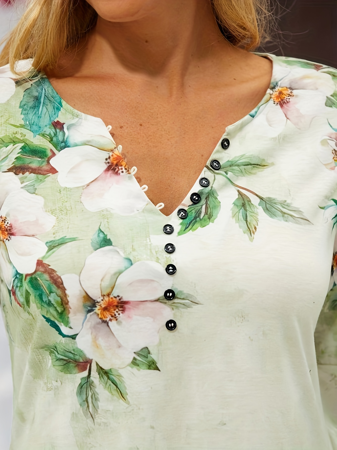 floral print button front blouse vintage flared sleeve - {region_name}