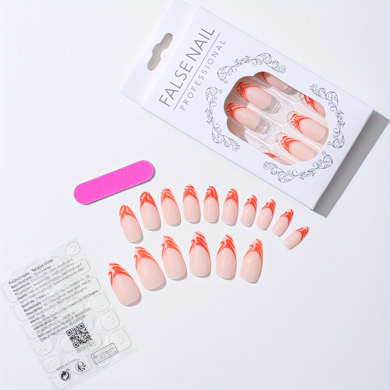 24pcs Nude Press On Nails Medium Length Almond Fake Nails With Orange ...