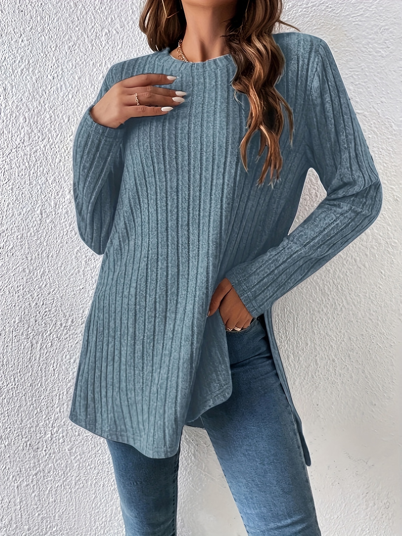 Ribbed Knit Crew Neck Split T shirt Casual Long Sleeve T - Temu Ireland