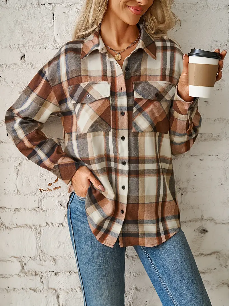 Plaid Print Button Front Shirt Casual Long Sleeve Pockets Temu