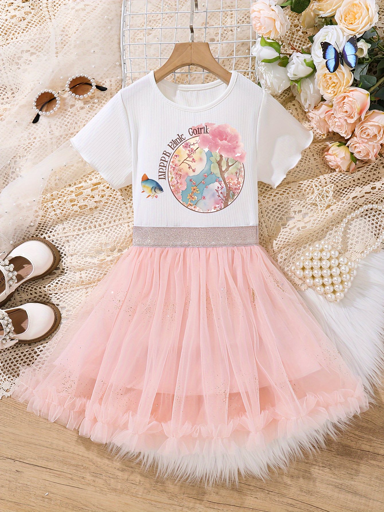 Flower Pattern Crew Neck Short Sleeve T shirt + Tutu Skirt - Temu Portugal