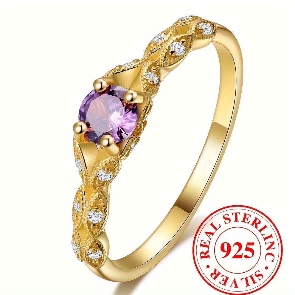 925 Sterling Silver Ring Paved Waterish Purple Zirconia Silvery ...
