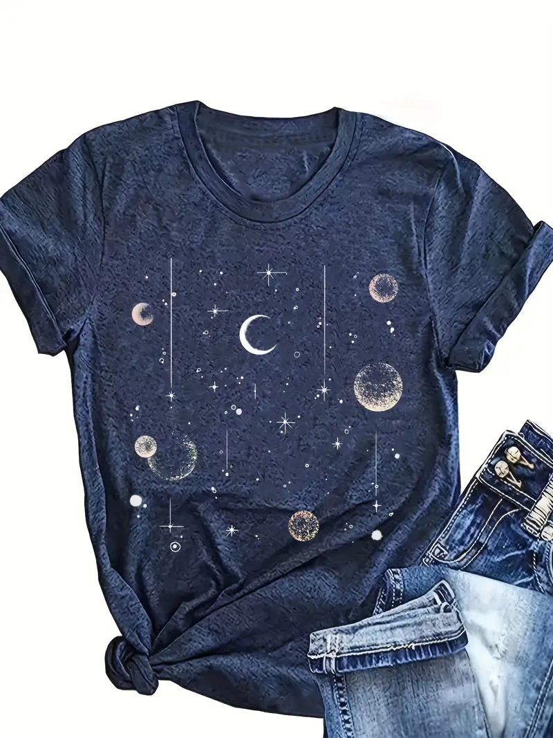 Moon Print Crew Neck T Shirt Casual Short Sleeve T Shirt Temu Ireland