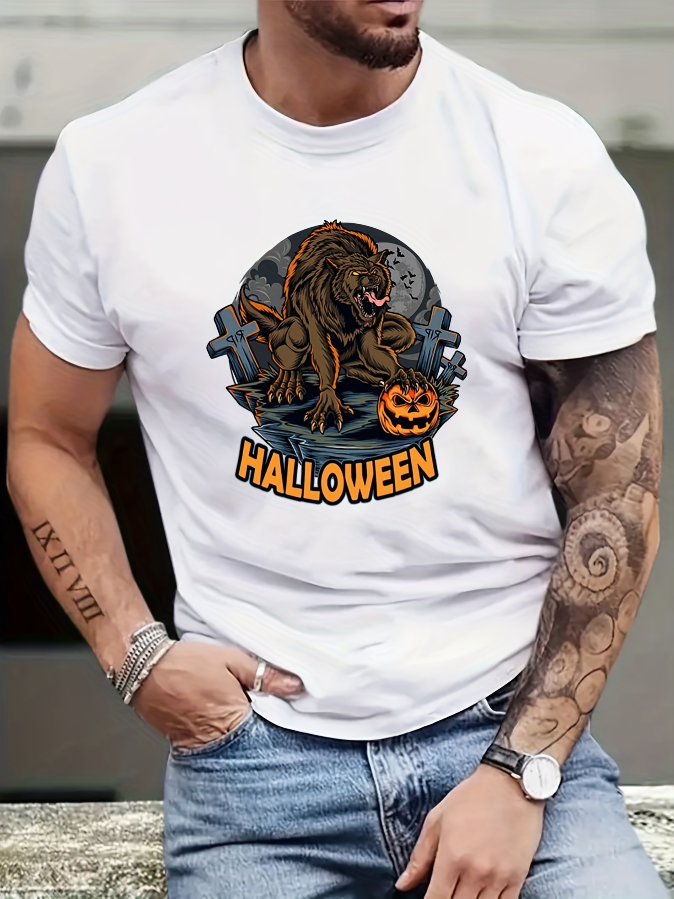 Halloween Theme Wolf Man Pattern Print Men's Comfy T shirt - Temu Australia