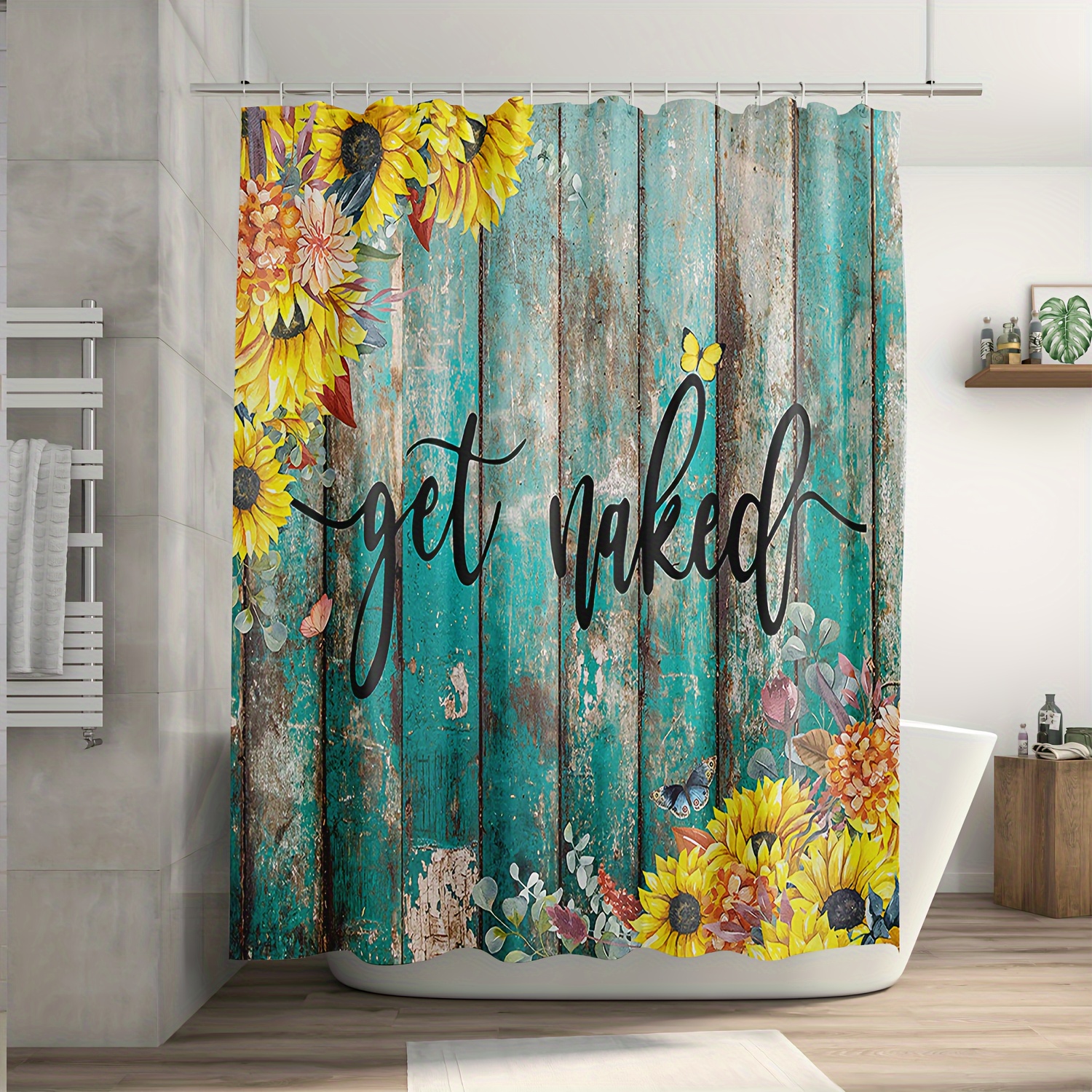 1 4pcs Wood Board Sunflower Printed Shower Curtain Set - Temu United ...