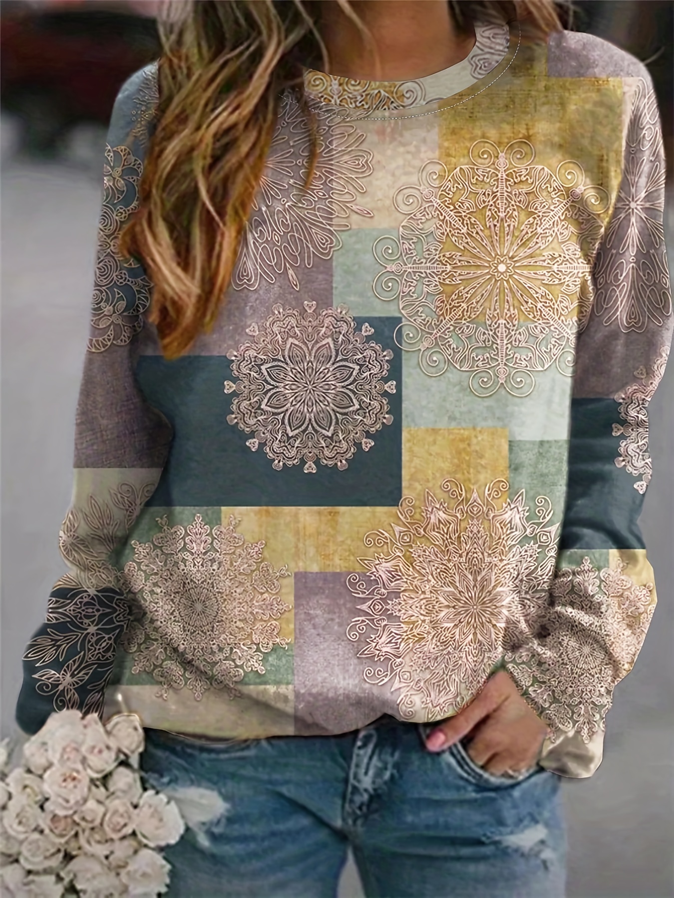 Color Block Floral Print Pullover Sweatshirt Casual Long - Temu Netherlands