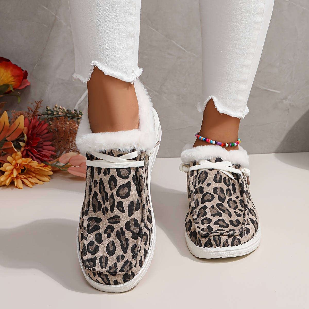 Leopard Print Canvas Shoes Women s Casual Lace Plush Lined - Temu Canada