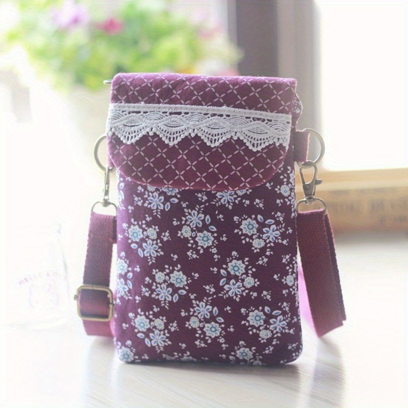Flower Pattern Canvas Phone Bag Mini Bow Decor Flap Shoulder Bag Women ...