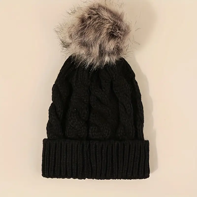 Classic Ribbed Knitted Beanie Pom Solid Color Coldproof Knit Temu Denmark