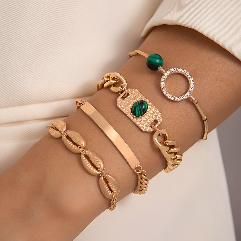 Inlaid Green Faux Gem Cuban Chain Bracelet Set Boho Style - Temu United ...