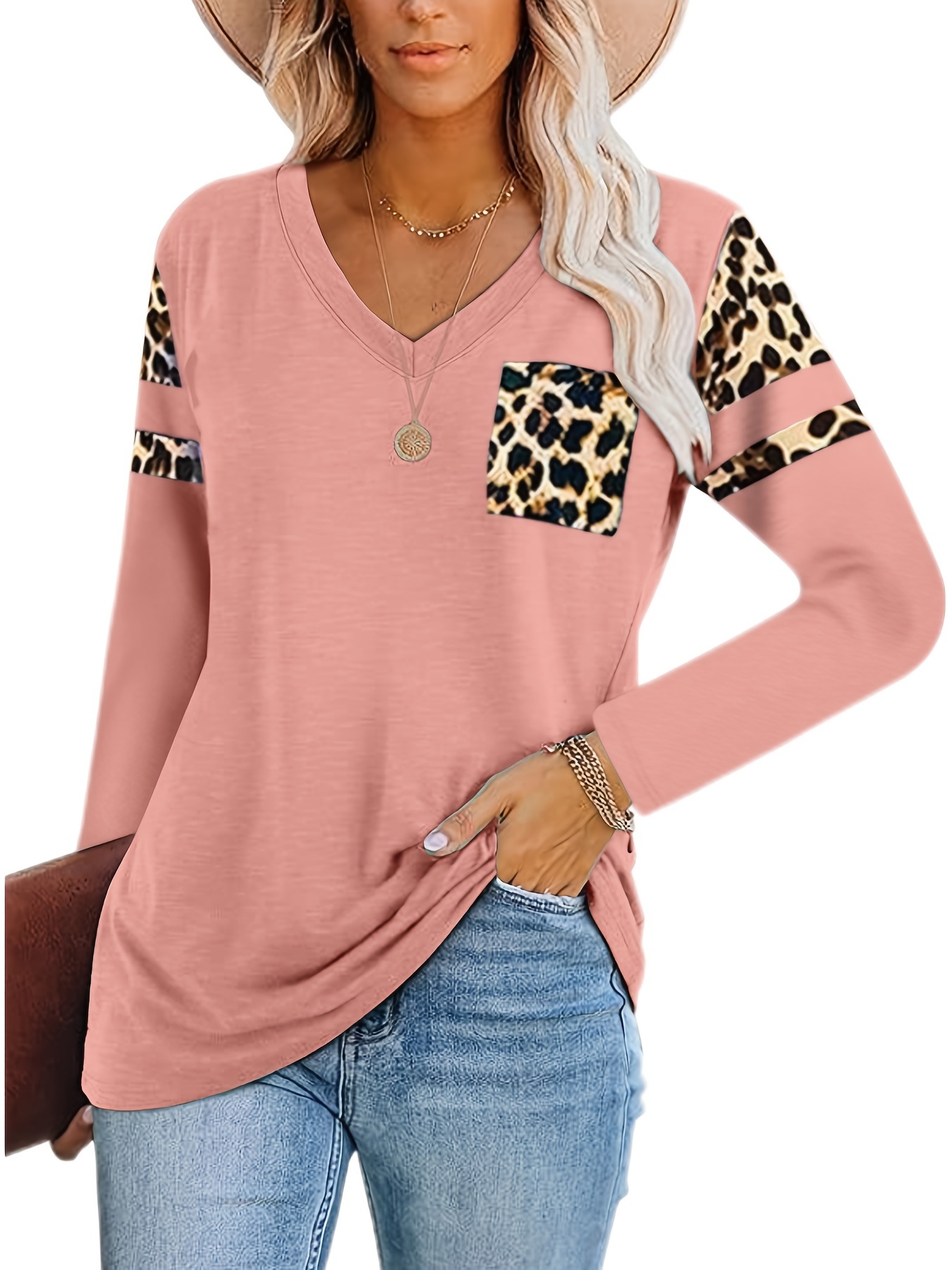 Women's Leopard Print V neck Long Sleeve Tops Casual Fall - Temu Australia