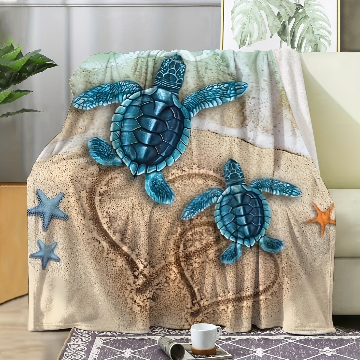 creative seaside turtle printed flannel blanket soft - Temu Canada