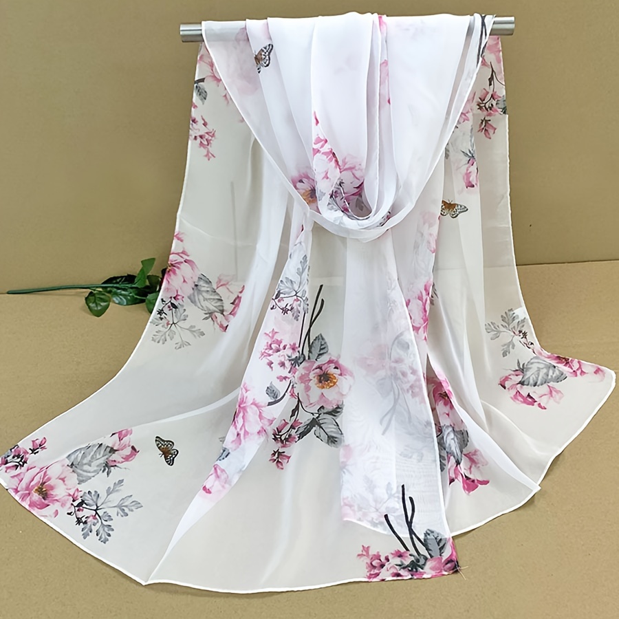 Butterfly Flower Printed Scarf Simple Style Thin Chiffon - Temu New Zealand