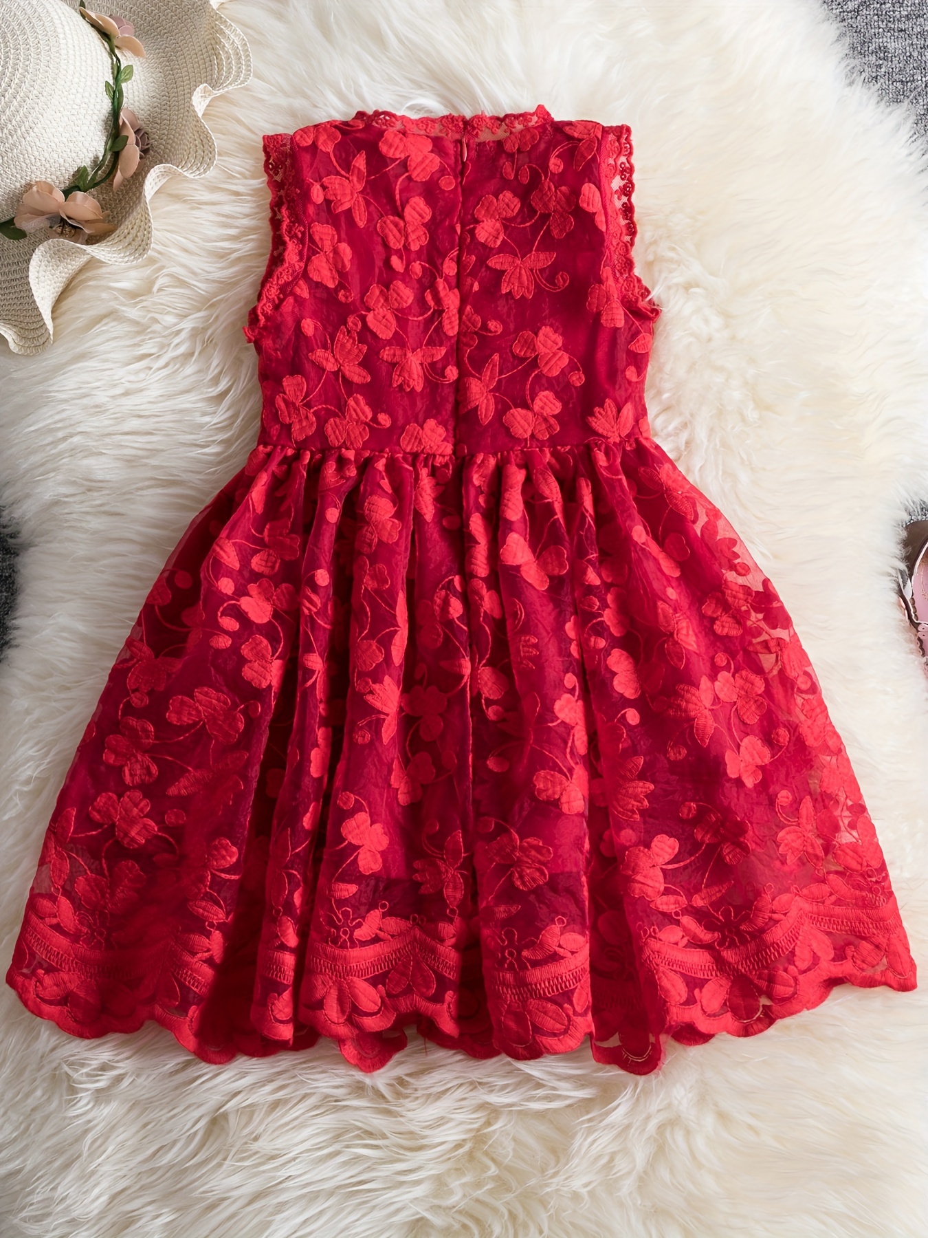 Cute Lace Dress Girls Floral Embroidered Mesh Spliced - Temu Australia