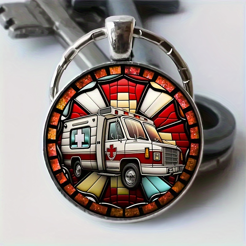 1pc 2pcs Ambulance Keychain And Necklace For Men Round Metal Key Ring ...