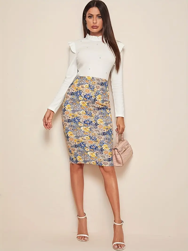 Floral Print High Waist Bodycon Skirt Elegant Knee Length Temu