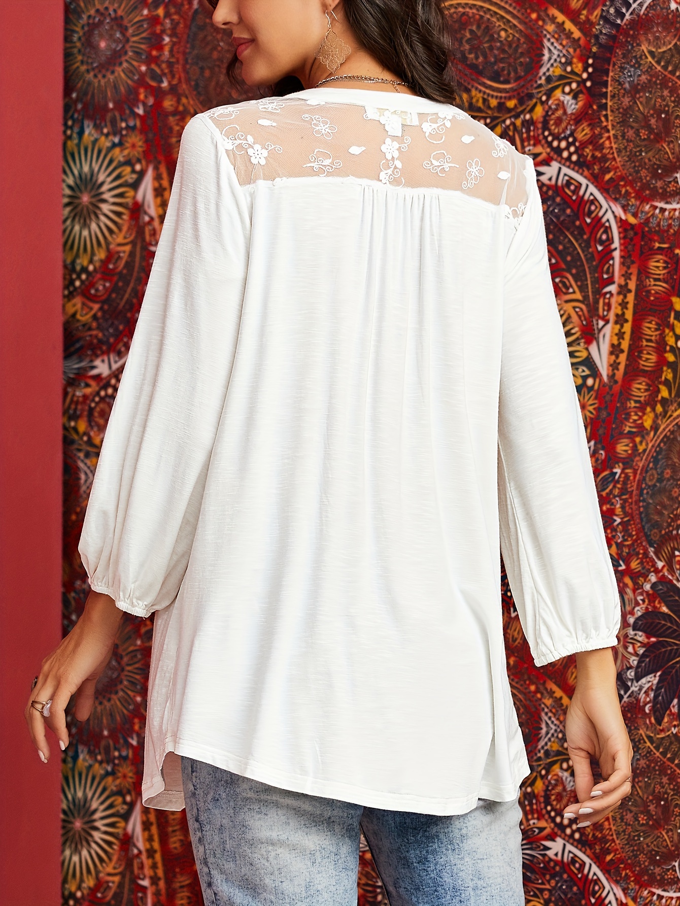 plus size lace top casual v neck long sleeve top - Temu Canada