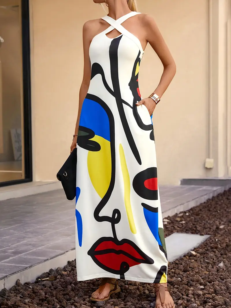 Figure Print Halter Neck Cami Dress Elegant Sleeveless Temu Australia