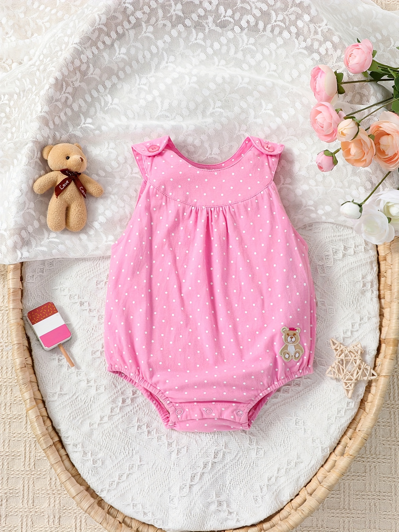 新生児用ワンシー ポルカドット かわいいクマスタイルのビブパンツ 赤ちゃんの女の子のロンパース Temu Japan
