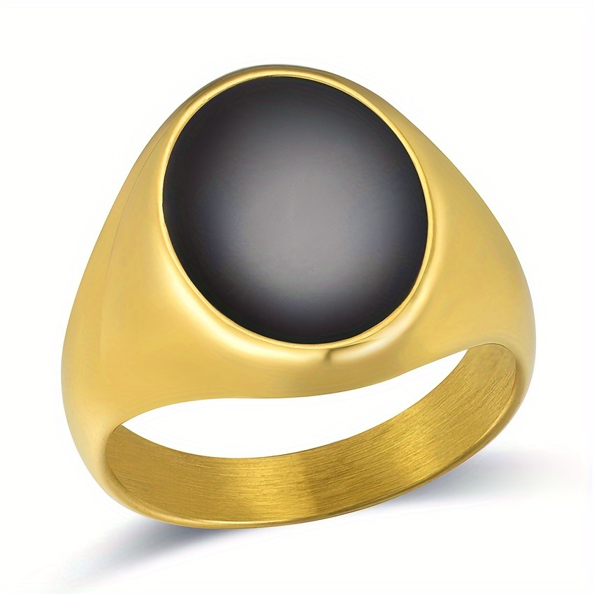 Fashion 316 Stainless Steel Golden Ring Men Oval Non fading - Temu ...