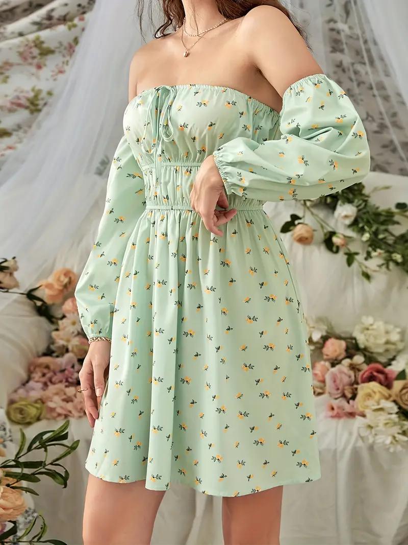 Ditsy Floral Print Dress Sexy Shoulder Lantern Sleeve Ruched Temu