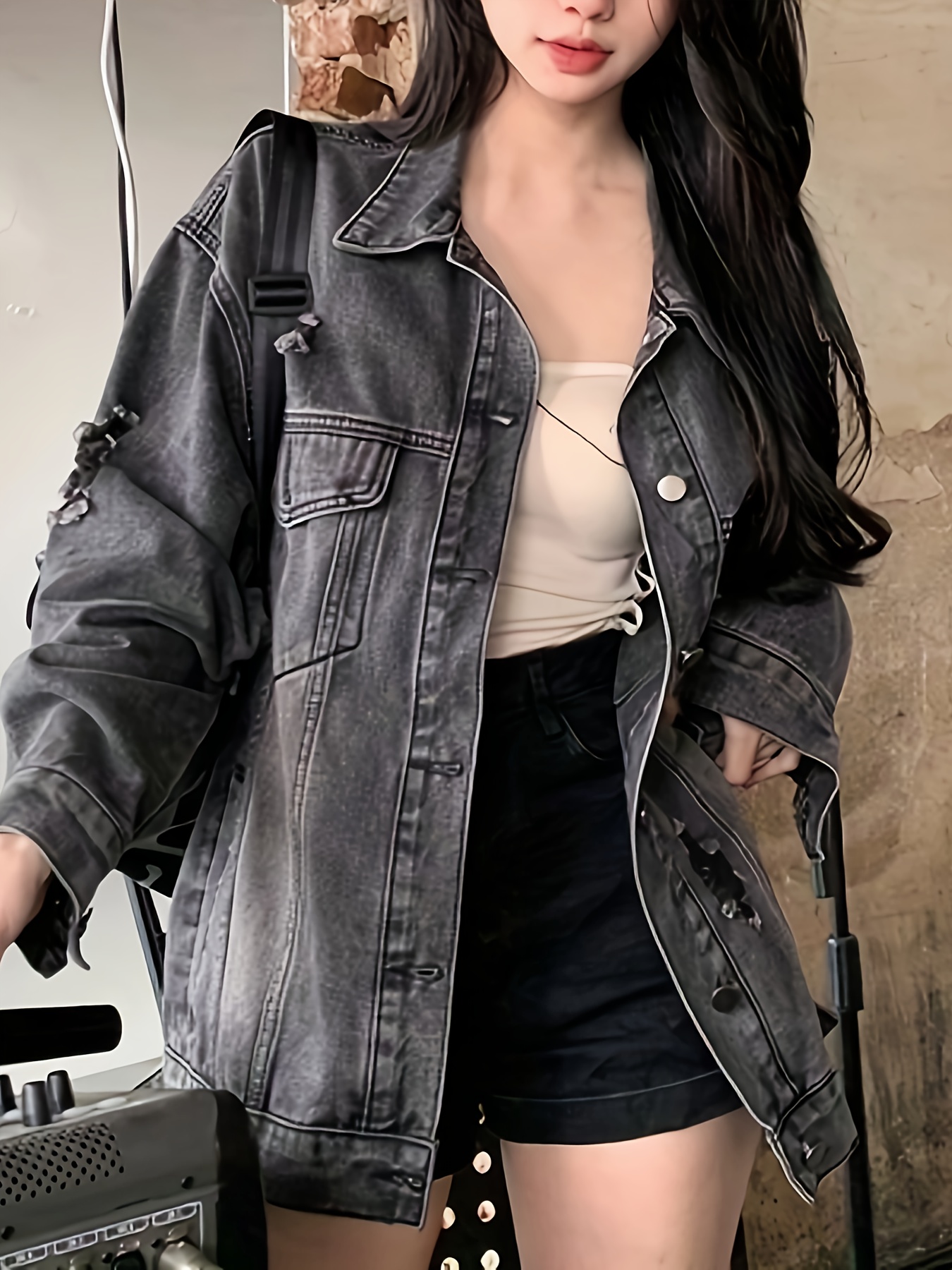 Ripped Holes Lapel Denim Coat Long Sleeves Washed Denim - Temu Australia