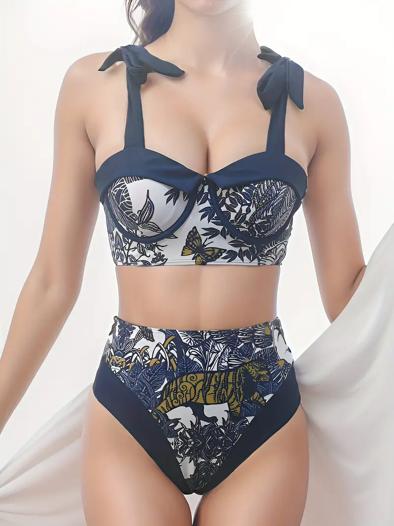 Random Print Bikini Sets Bow Tie Shoulder Straps High Waist Temu