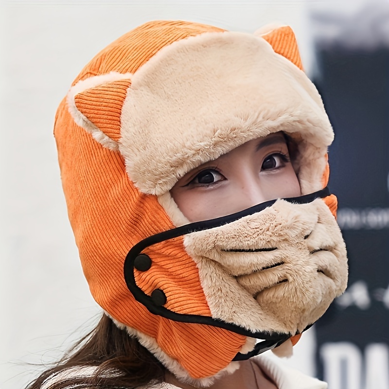 Cartoon Cat Ear Decor Trapper Hat Ear Face Protection Thermal Aviator ...
