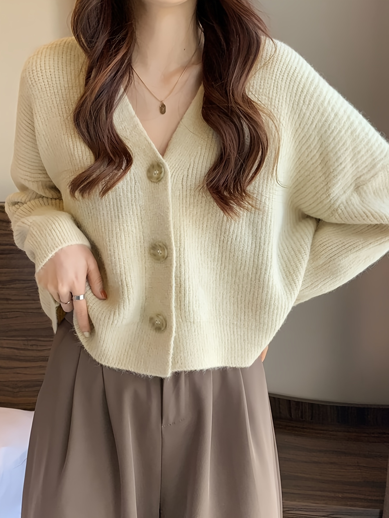 Solid Color Button Front Cardigans Top Elegant V Neck Long - Temu Australia