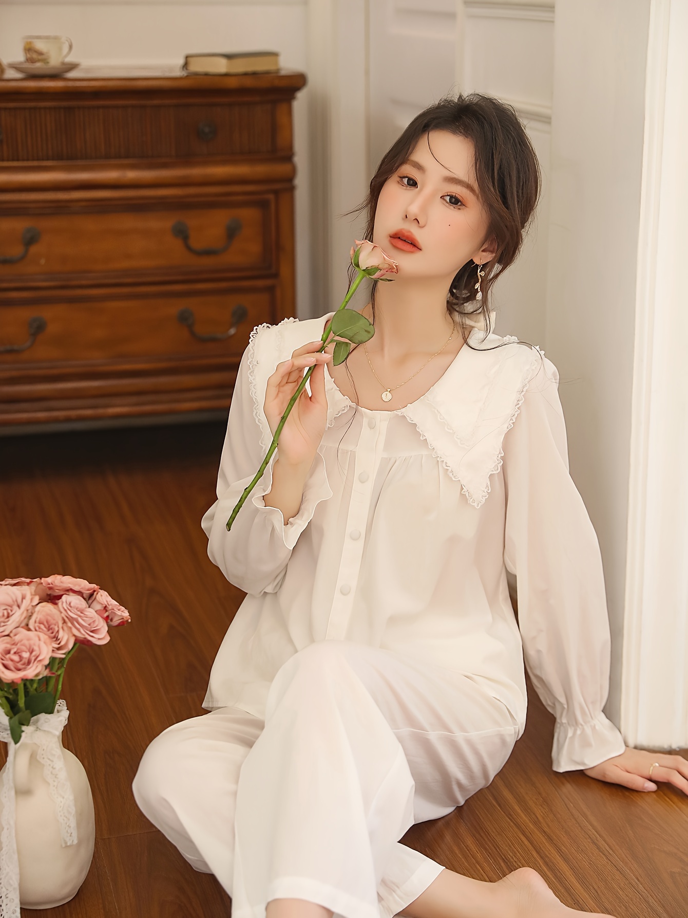 Elegant Solid Lace Trim Lounge Set Flounce Sleeve Button - Temu Portugal