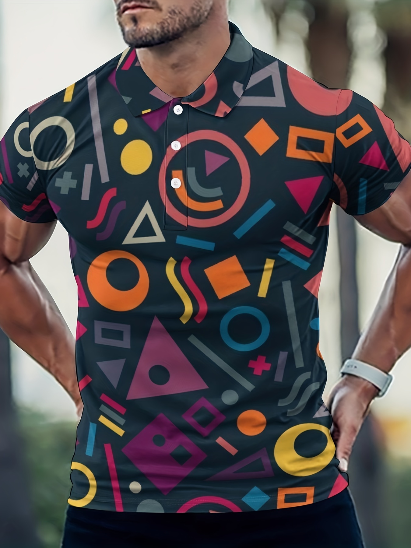 Geometric Pattern Casual Slightly Stretch Button Up Short Sleeve Polo