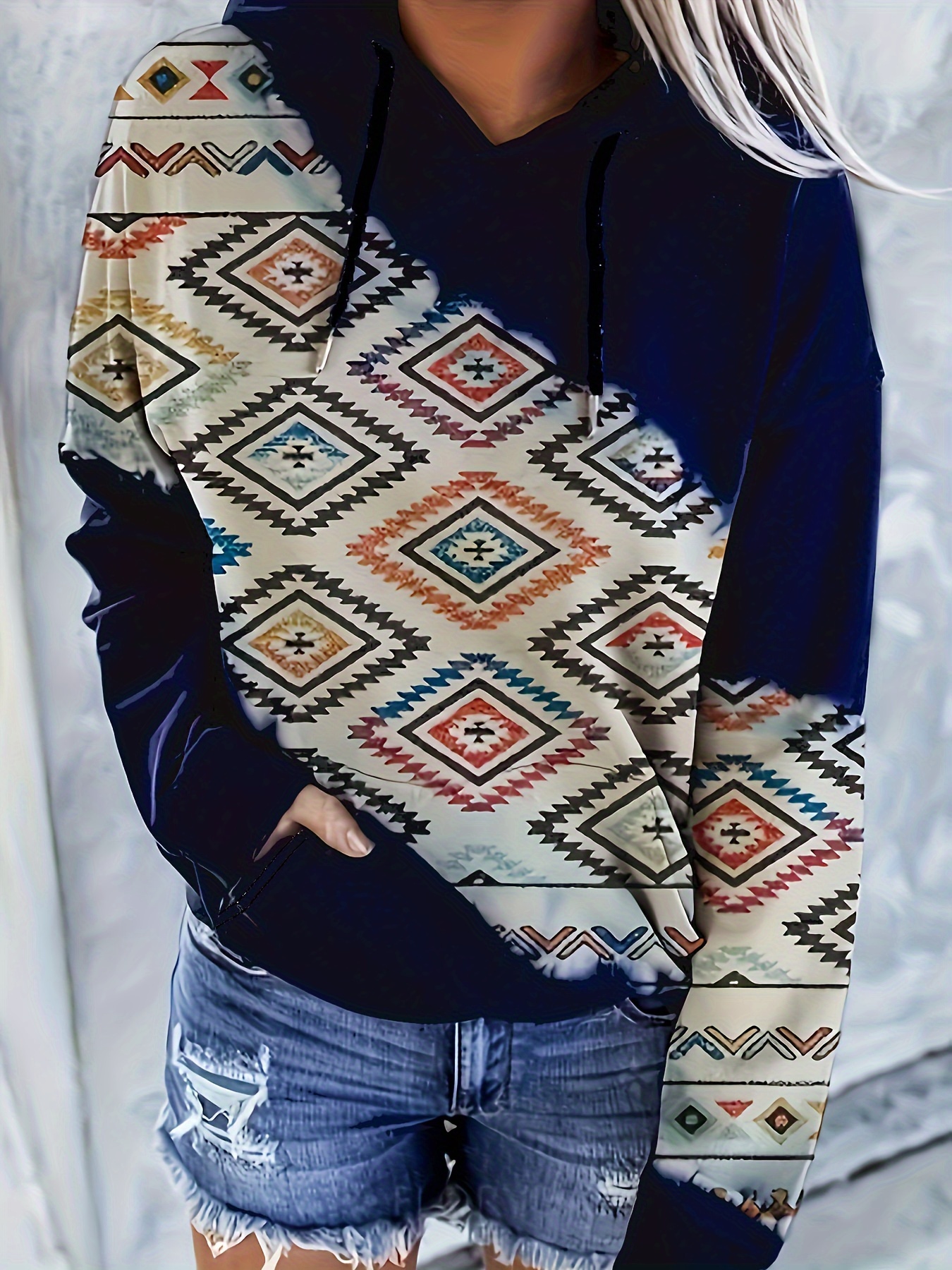 Boho Sweatshirt Plus Size Women S Plus Colorblock Geometric Temu Canada