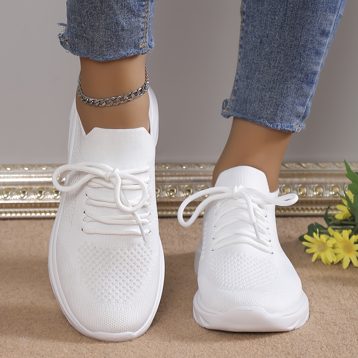 Tênis Feminino De Malha Sólida Cadarço Respirável Casual - Temu Portugal